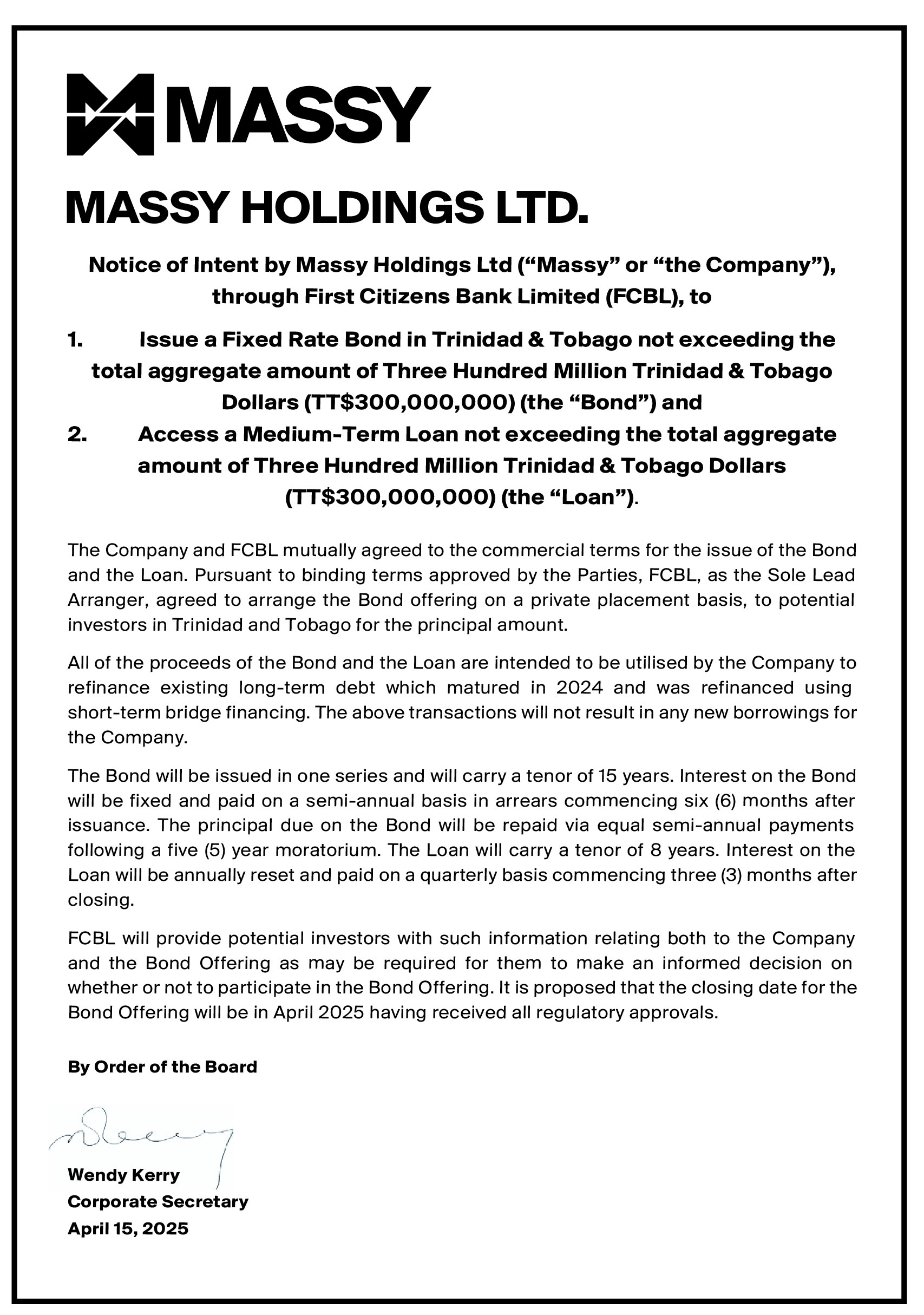 Massy Holdings Ltd. (MASSY) Bond Issuance & Loan Facility through First ...