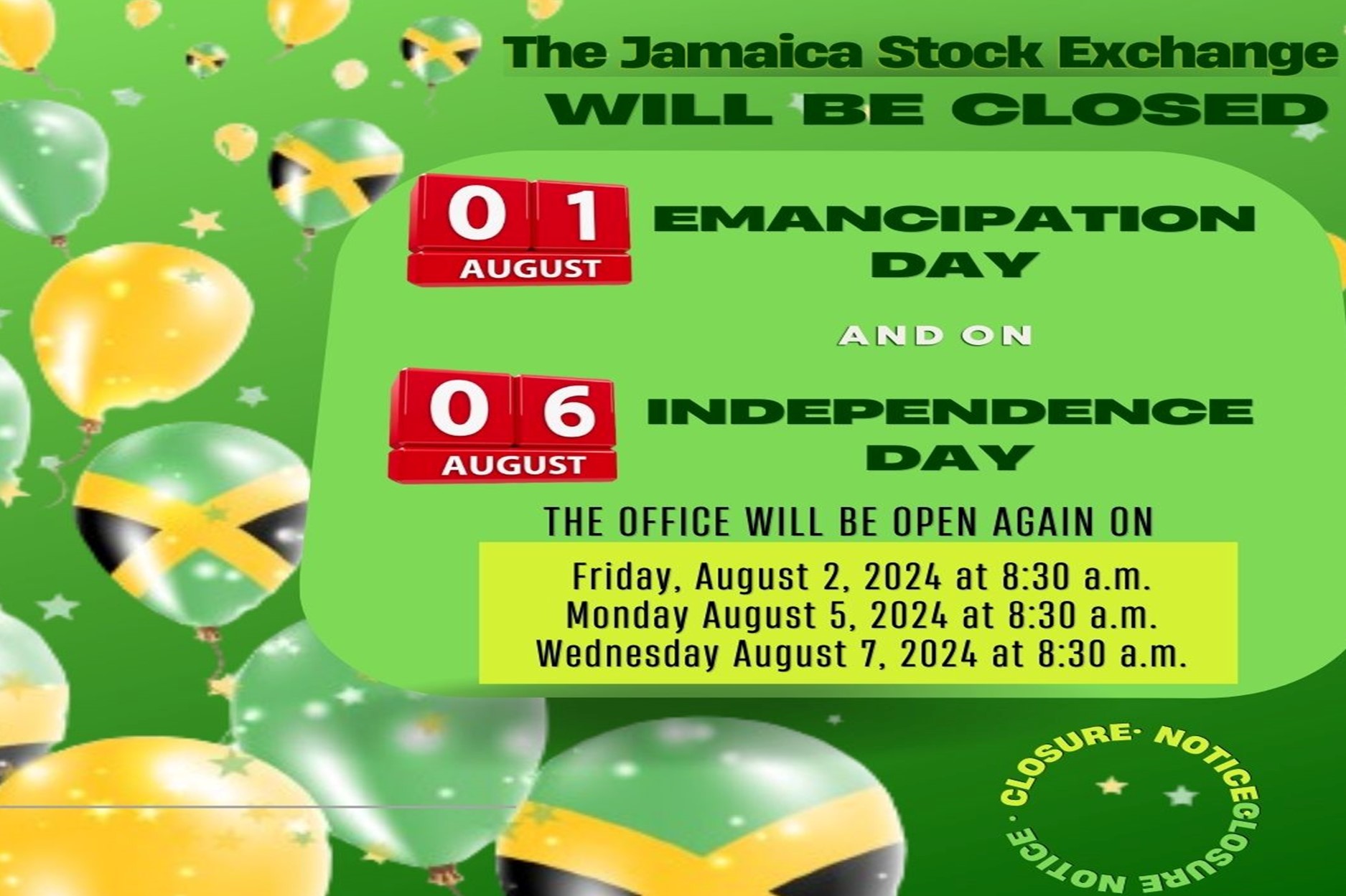 JSE Emancipation Closure Notice | Jamaica Stock Exchange