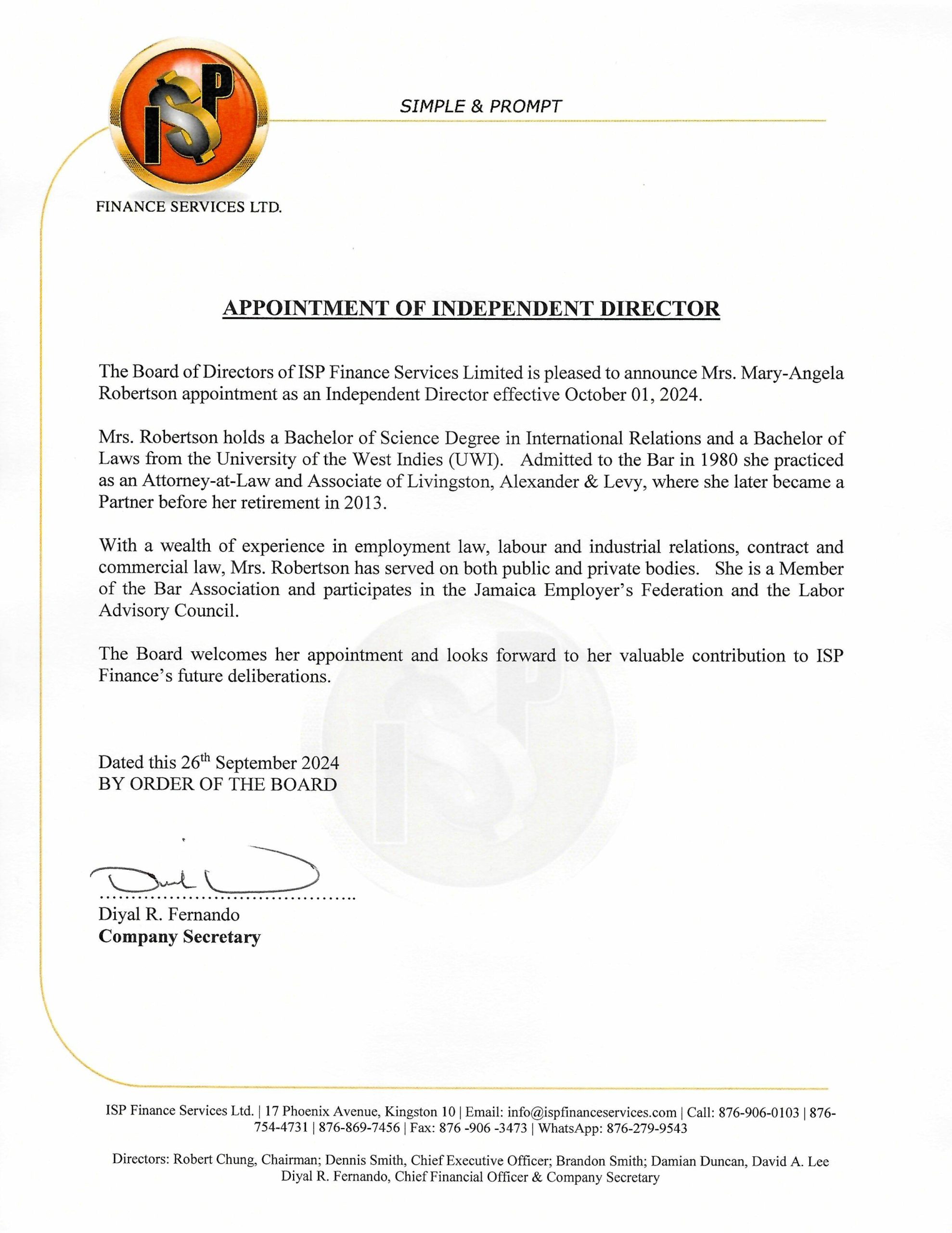 ISP FINANCE SERVICES LIMITED - Appointment of Independent Director ...